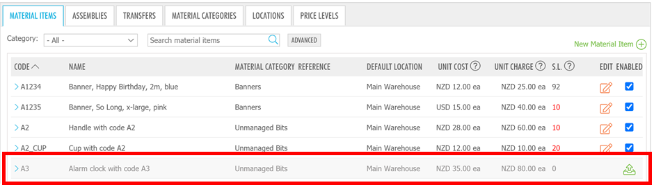 Disable, archive or delete materials